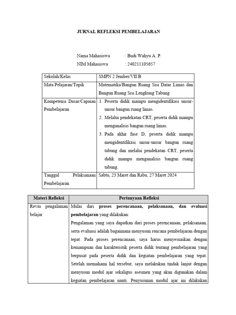 Jurnal Refleksi Pembelajaran Mandiri Siklus 2 | PDF | Karier & Perkembangan