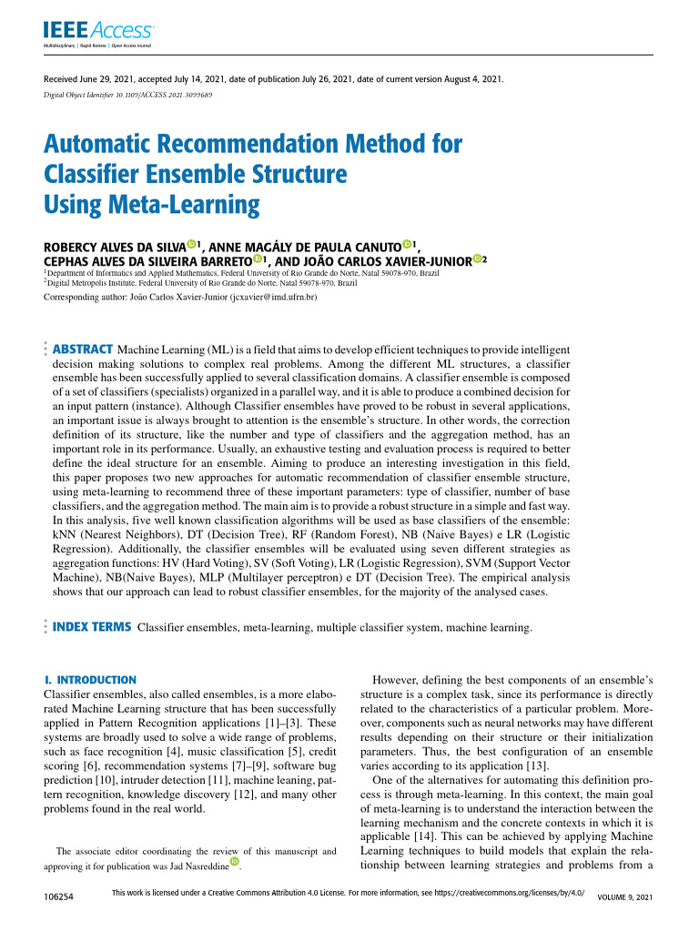 Da Silva Et Al. - 2021 - Automatic Recommendation Method For Classifier Ensemble Structure Using ...