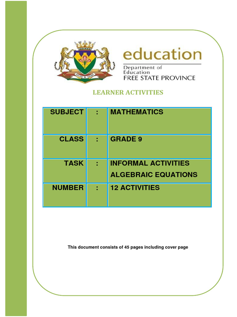 Grade 9 Algebraic Equations Activities | PDF | Equations | Factorization