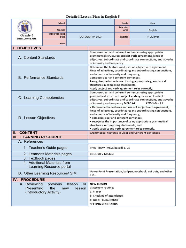 Grade 5 English Lesson Plan: Verbs | PDF | Adverb | Verb