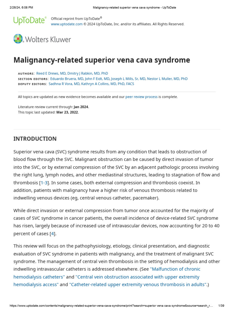 Malignancy Related Superior Vena Cava Syndrome UpToDate | PDF | Vein ...