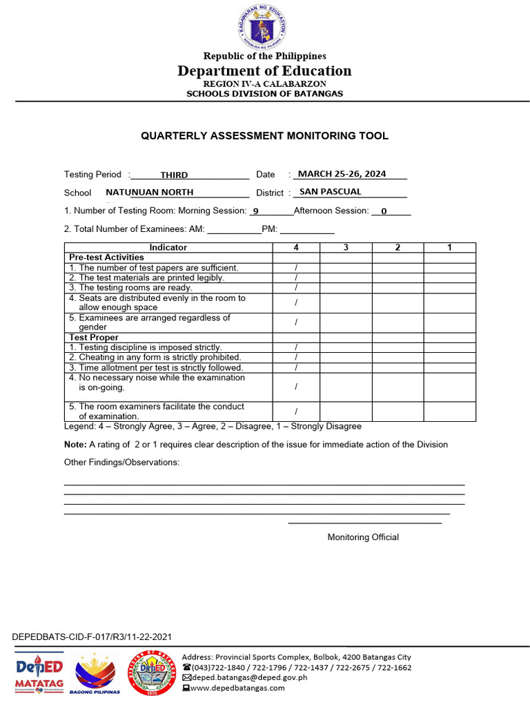 DEPEDBATS - CID - F - 017 - QUARTERLY ASSESSMENT MONITORING TOOL 3Rd Q 2324 | PDF