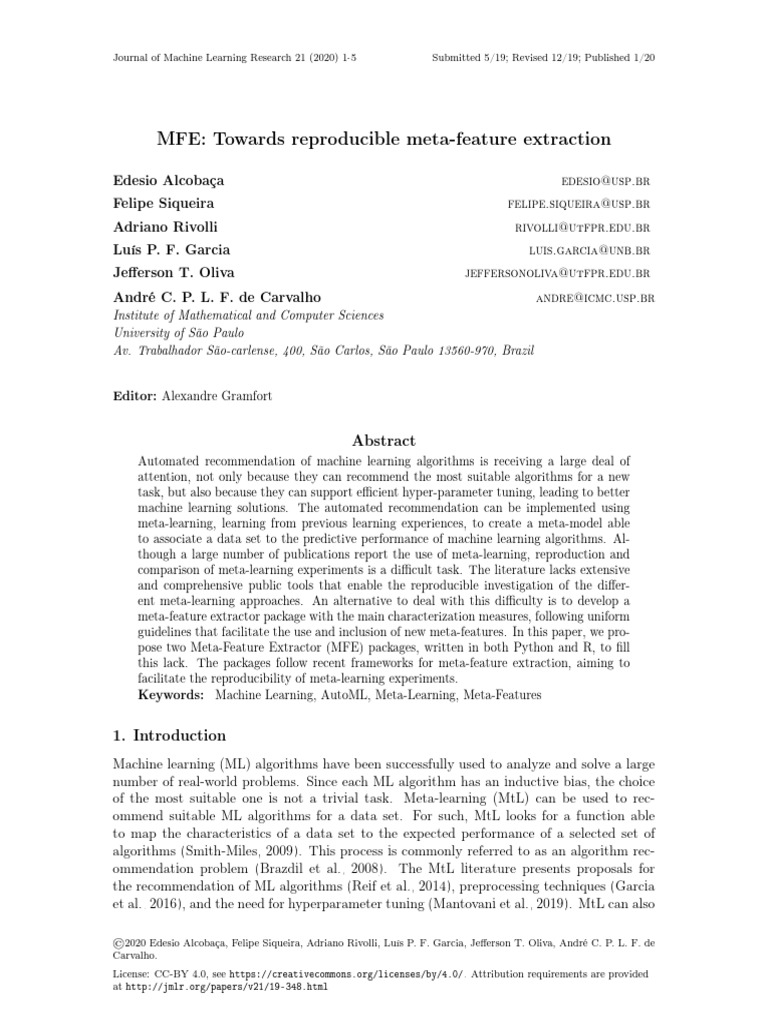 Alcobaça Et Al. - 2020 - MFE Towards Reproducible Meta-Feature ...