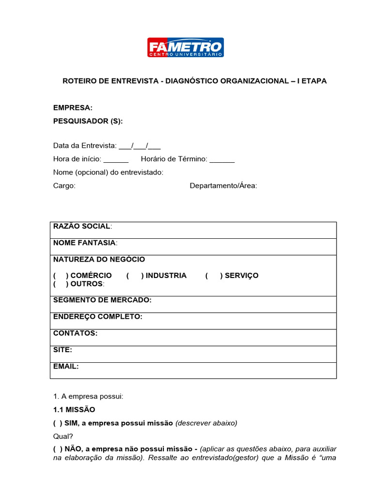 Roteiro de Entrevista_I Etapa | Download grátis PDF | Gestão de ...