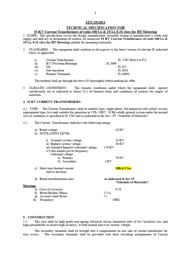 STN-19 - 33KV Metering CTs | PDF | Transformer | Electricity