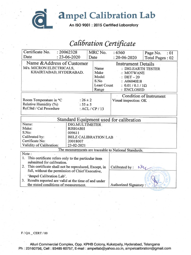 Calibration Report -Earth Tester | PDF