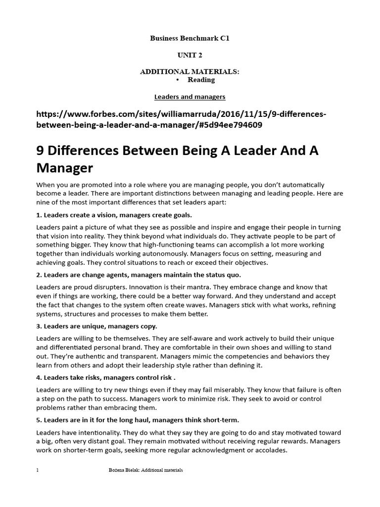 Forbes Reading 9 Diff Leader Manager | PDF | Goal | Social Psychology