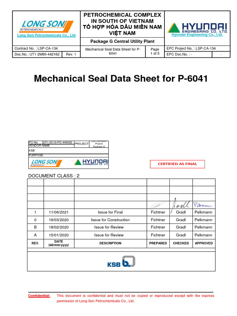 UT1-2M90-442162 - 1 - Mechanical Seal Data Sheet For P-6041 | PDF | Pump | Gases