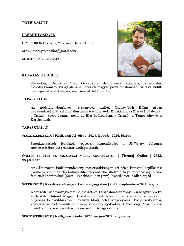 Csabay-Tóth Bálint szakmai önéletrajz | PDF