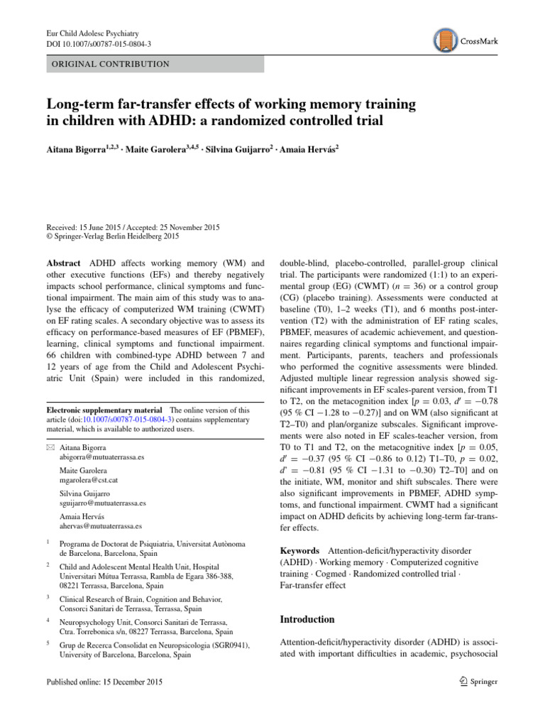 Long Term Far Transfer Effects of Working Memory Training | PDF ...