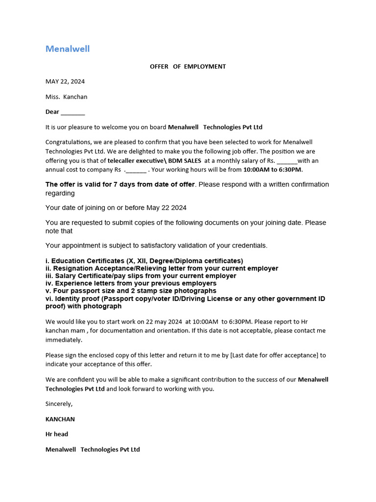 Employment Offer from Menalwell Technologies | PDF