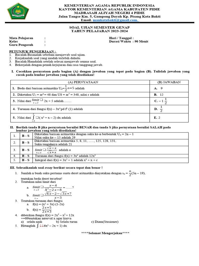 Format Soal Ujian Semester Genap 2023-2024 | PDF
