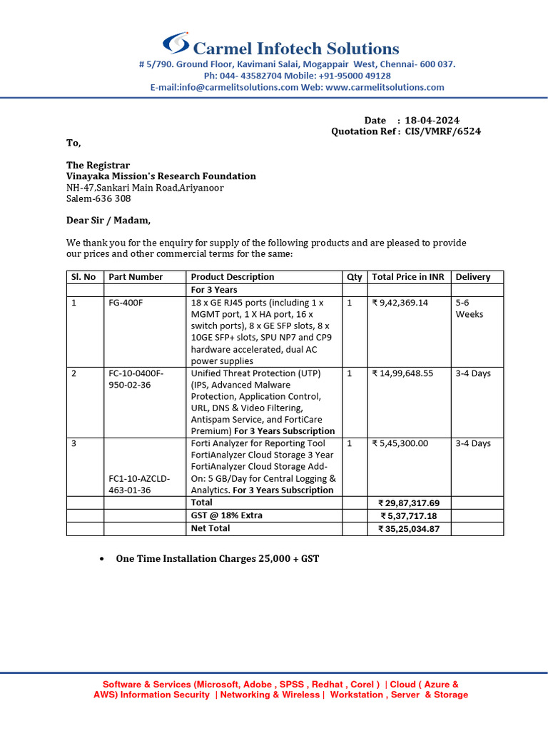 Quotation from Carmel Infotech Solutions | PDF | Taxes | Payments