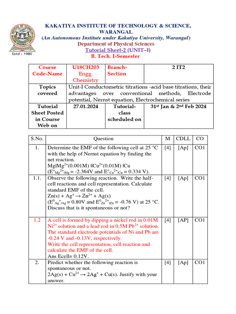 EC Tutorial Sheet-2 II SEM 2023-24 | PDF | Physical Sciences | Chemistry