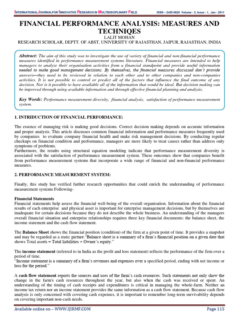 Financial Performance Analysis: Measures and Techniqes: Abstract | PDF | Mean | Financial Capital