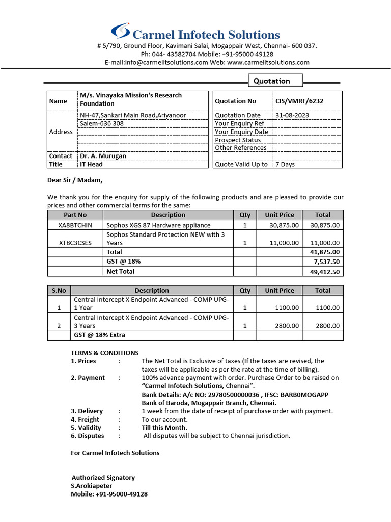 Quotation for IT Products from Carmel Infotech | PDF | Economies ...
