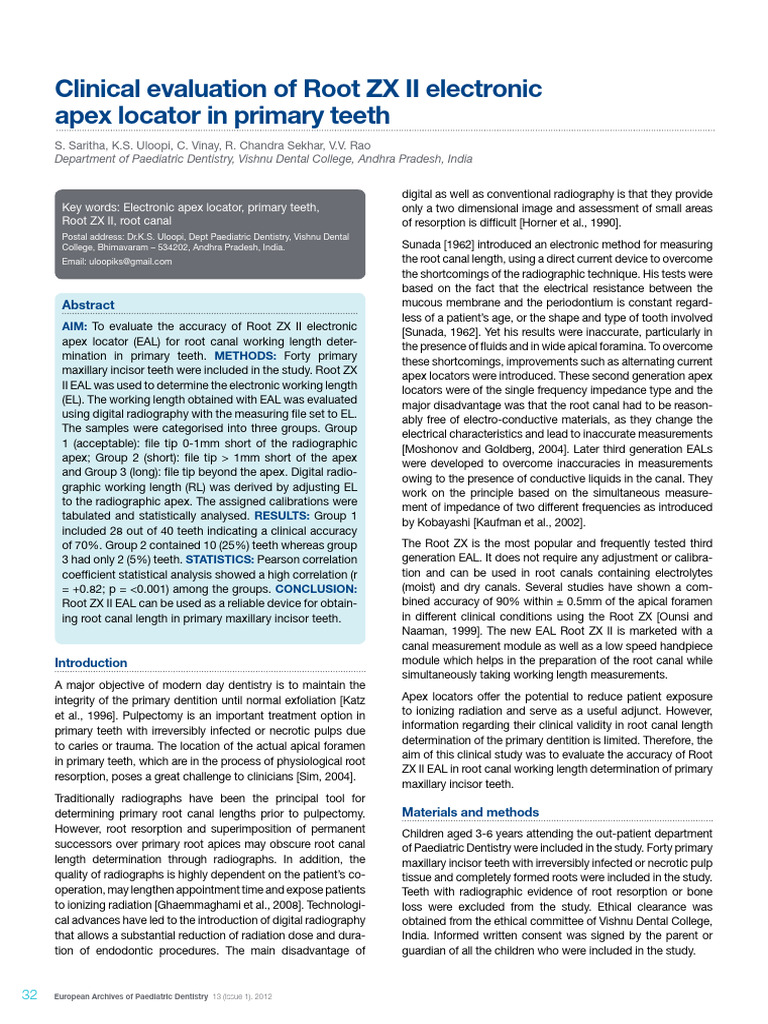 Clinical Evaluation of Root ZX II Electronic Apex Locator in Primary ...