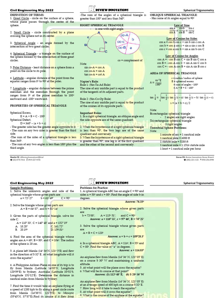 Spherical Trigonometry Reviewer | PDF | Sphere | Triangle