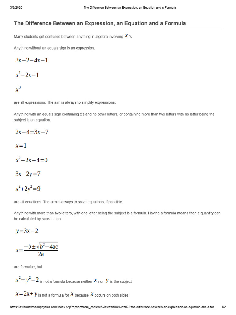 Expression vs Equation vs Formula | PDF