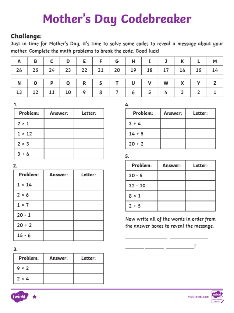 Us2 Ss 56 Mothers Day Math Codebreaker Differentiated Activity Sheets ...