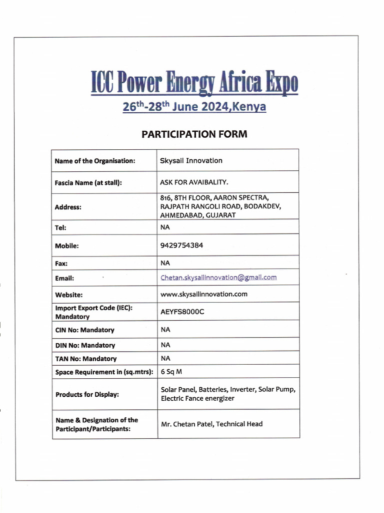 Icc Expo Africa Kenya Form | PDF