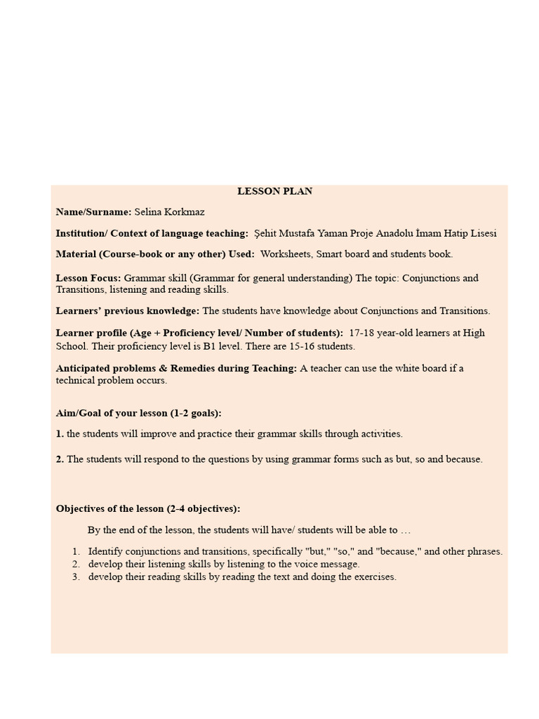 Lesson Pplan Conjunctions | PDF | Reading Comprehension | Lesson Plan