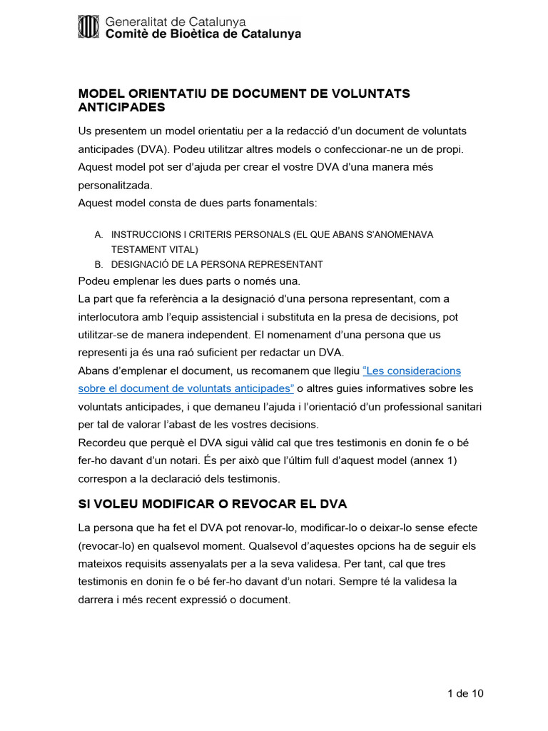 Model Orientatiu de Document de Voluntats Anticipades | PDF