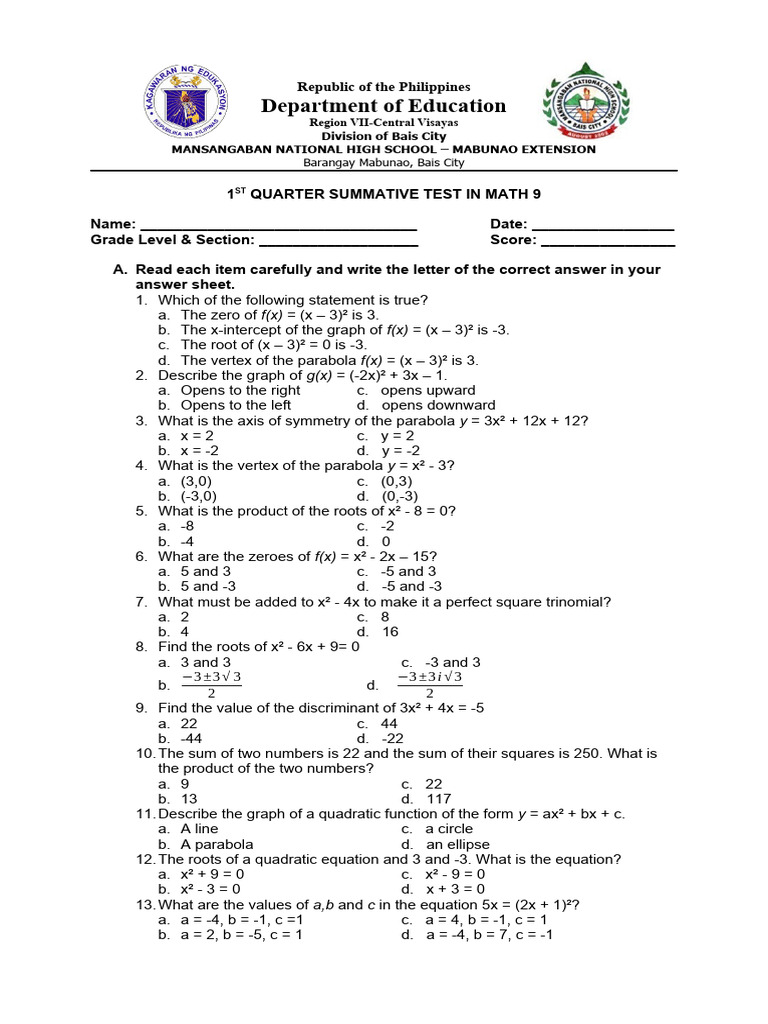 Math 9 | PDF | Quadratic Equation | Discrete Mathematics
