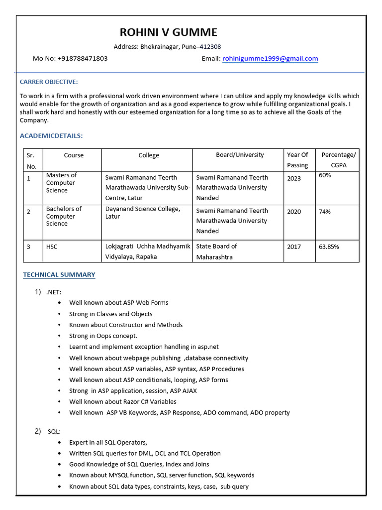 Rohini Resume | PDF | Php | Sql