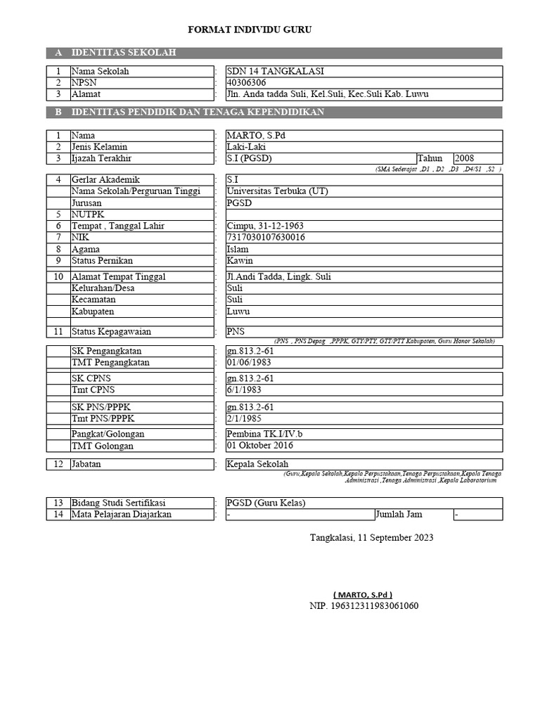 Format Pendataan Kepsek | PDF