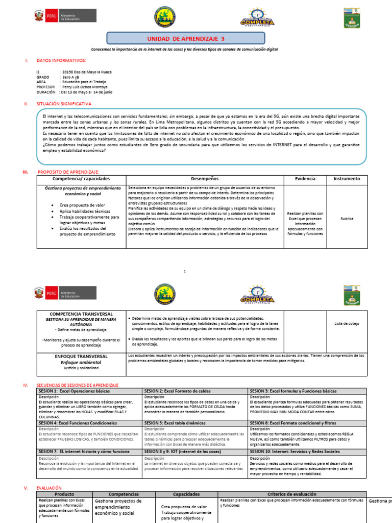 3era Unidad de Aprendizaje 2024 - 3ero | PDF | Aprendizaje | Microsoft Excel