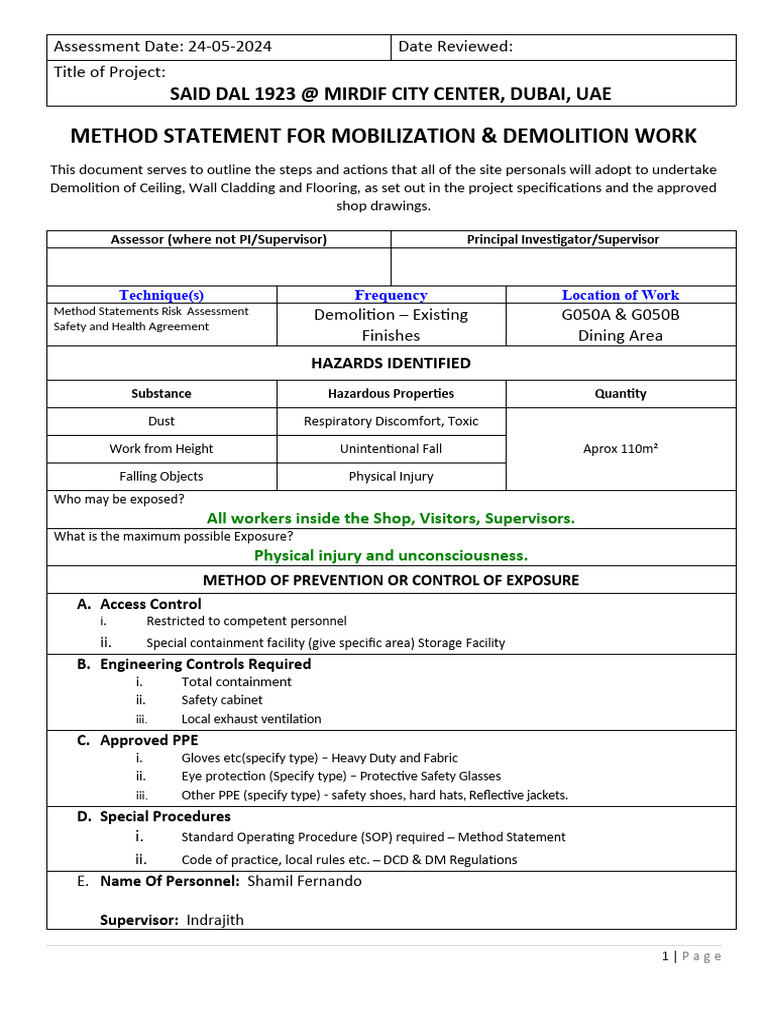 Method Statement For Demolition Work | PDF | Occupational Safety And ...