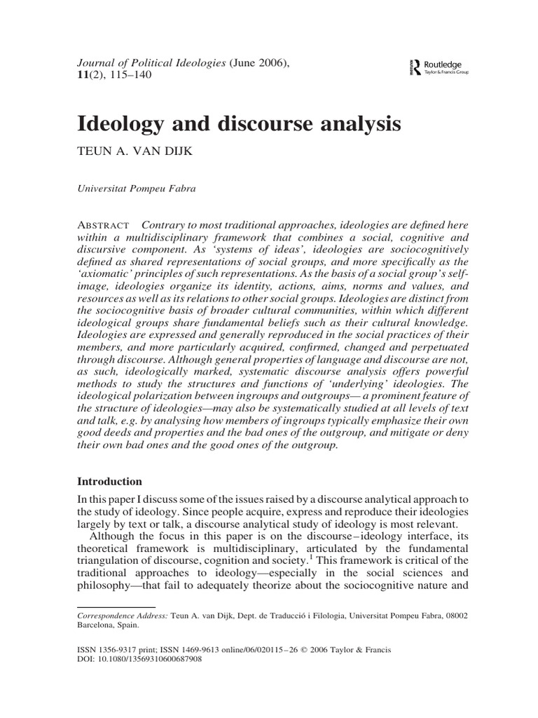 Teun A Van Dijk 2006 Ideology And Discourse Analysis PDF