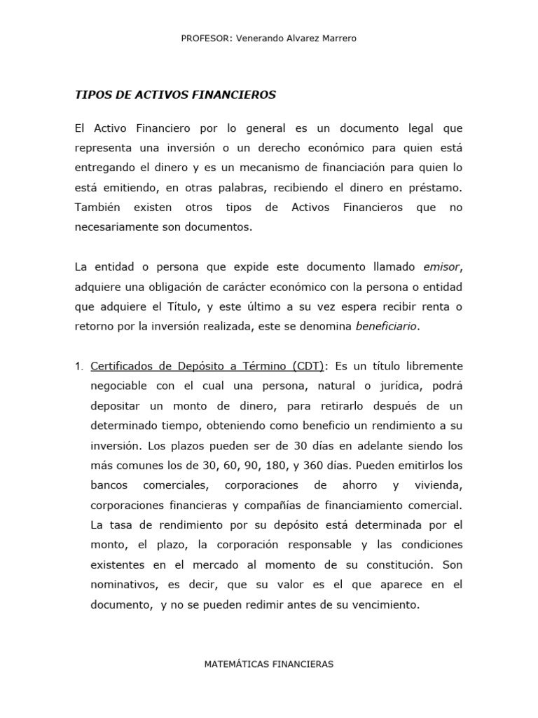 Tipos de Activos Financieros | PDF | Bancos | Compartir (Finanzas)
