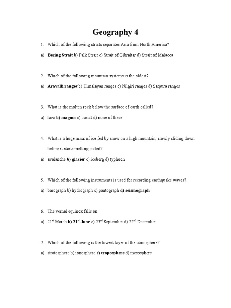 Geography Quiz and Answers | PDF | Atmosphere | Stratosphere