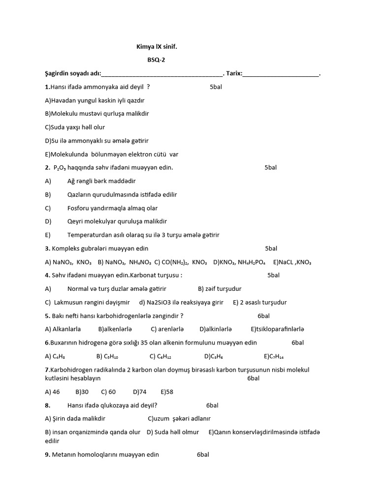 Kimya 9 Sinif BSQ-2 | PDF