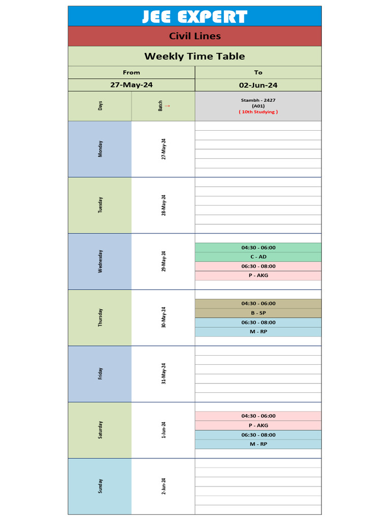 JEE Coaching Weekly Schedule | PDF