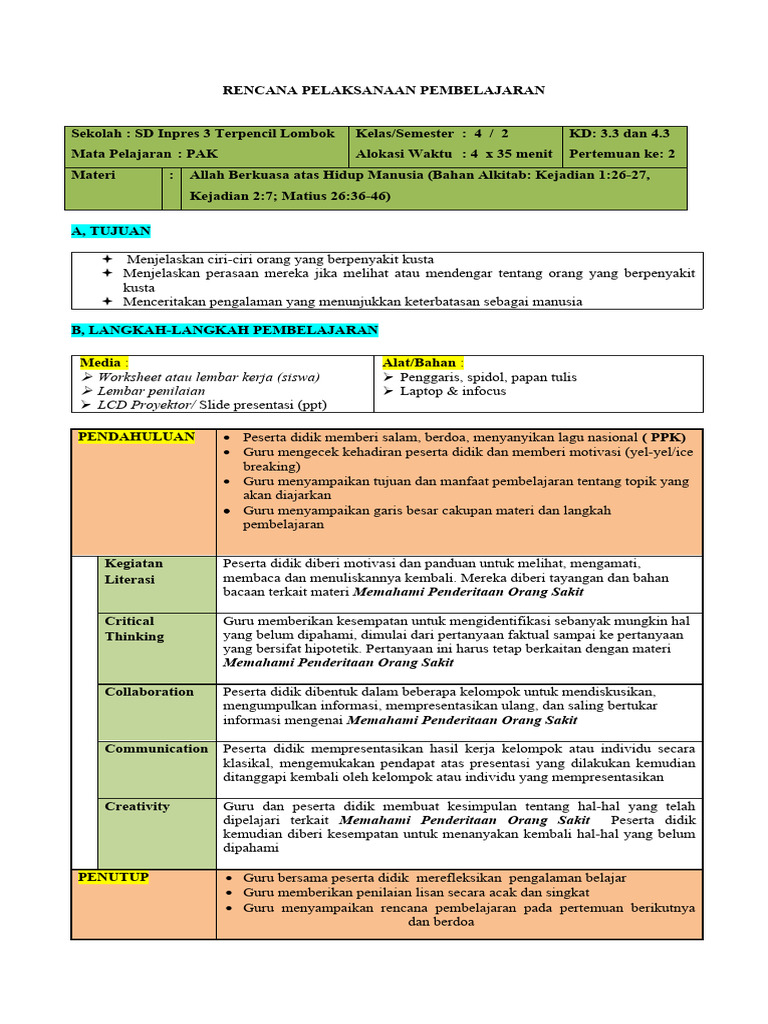 RPP Pak & BP Kelas 4 Semester 2 | PDF