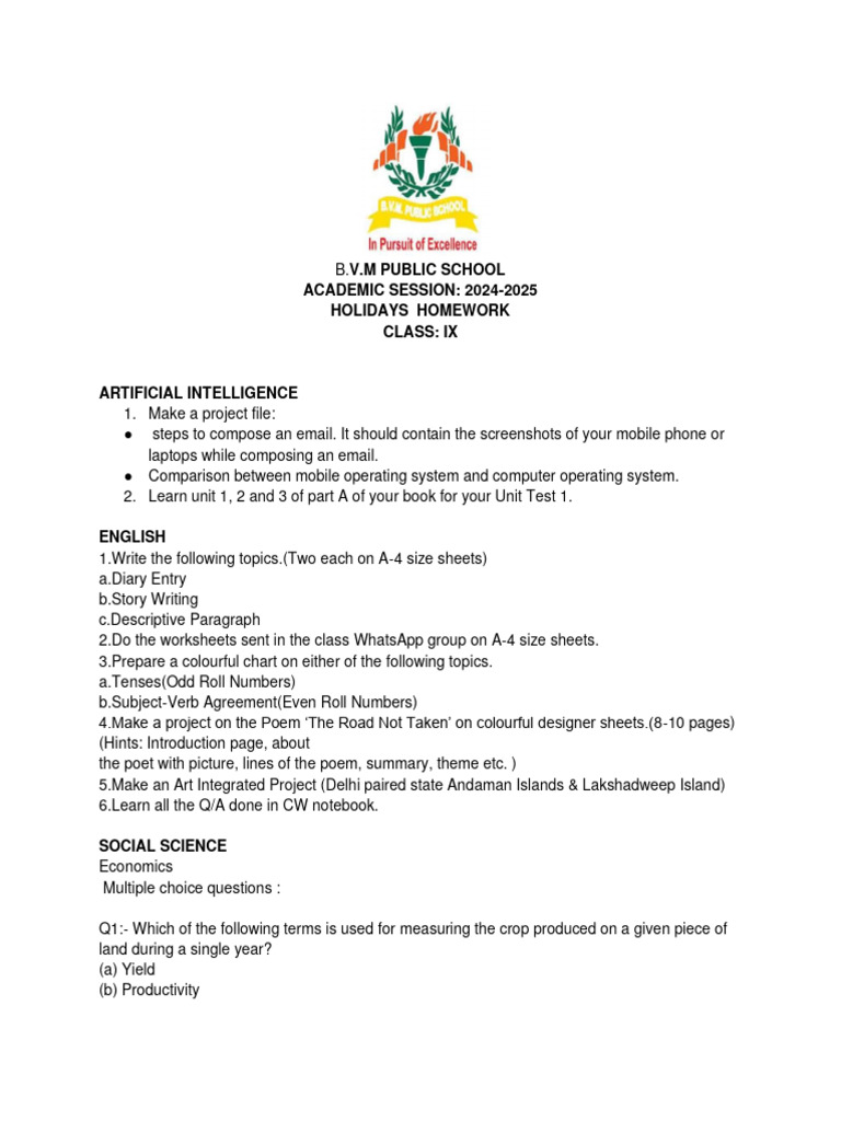 IX Class Holiday Homework Assignments | PDF | Agriculture | Mathematics