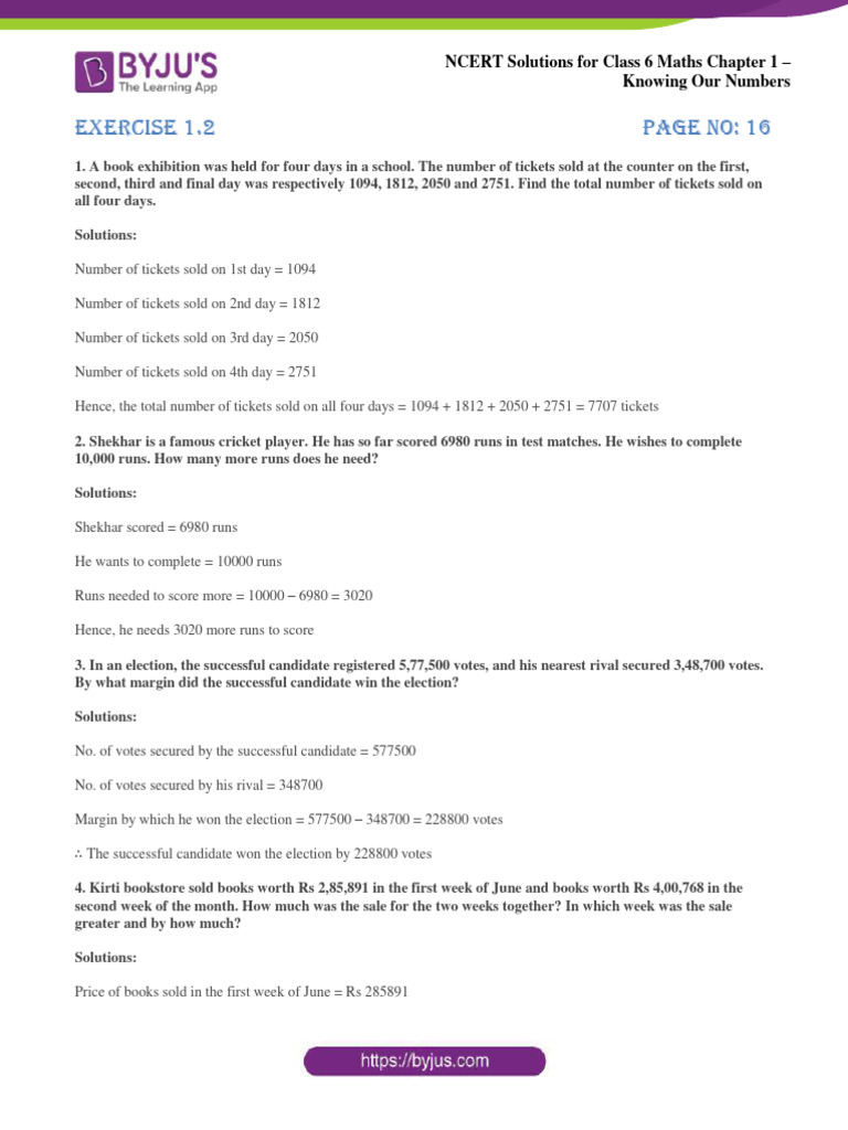 NCERT Solutions For Class 6 Maths Chapter 1 Knowing Our Numbers ...
