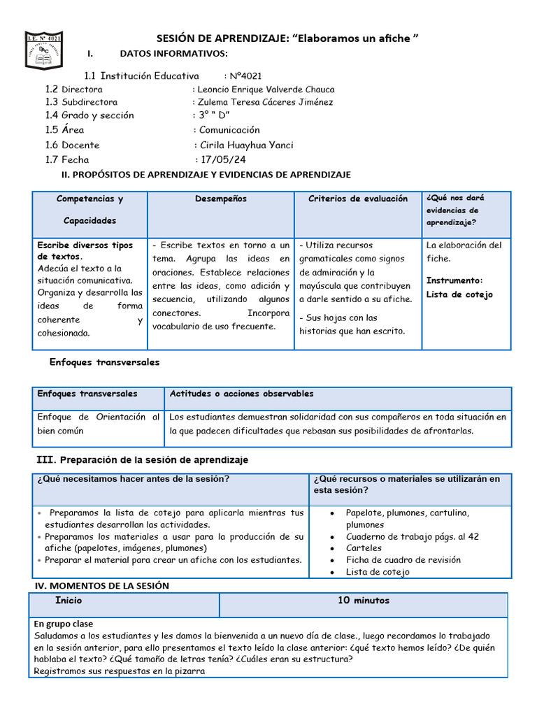SESion de Comu Escribimos Un Afiche Al Medio Biente | PDF | Evaluación | Aprendizaje