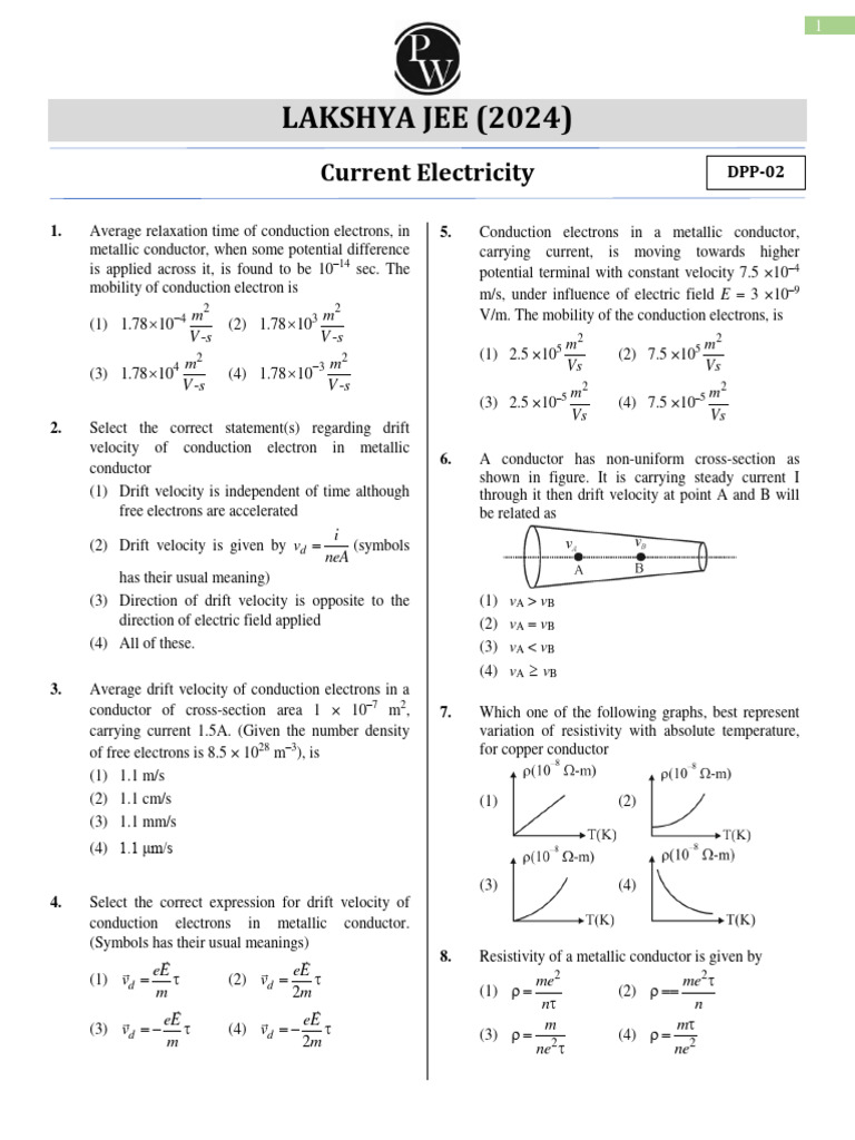 Current Electricity DPP 02 of Lec 03 Lakshya JEE 202464770310dfe3ce001844b07b | PDF | Electrical ...