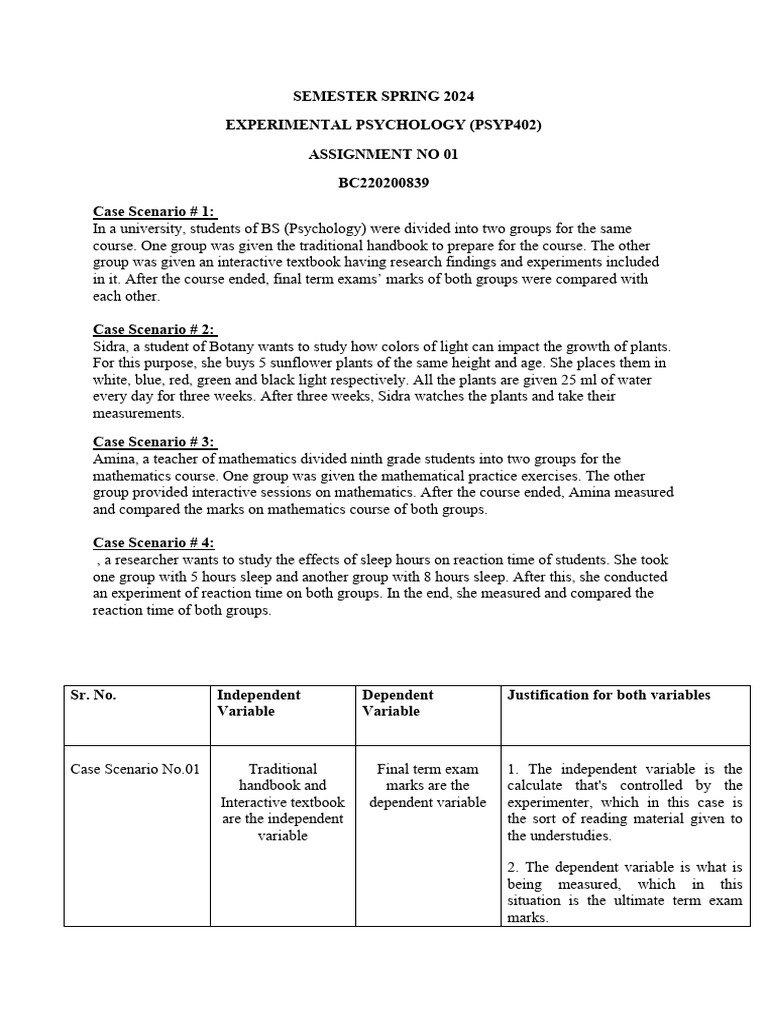 BC220200839 Psyp402 Assignment No 1 2024 | PDF | Mental Chronometry | Mathematics