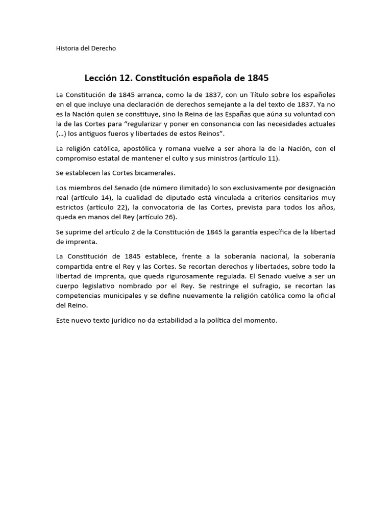 Historia Del Derecho. Lección 12 Consti 1845 | PDF