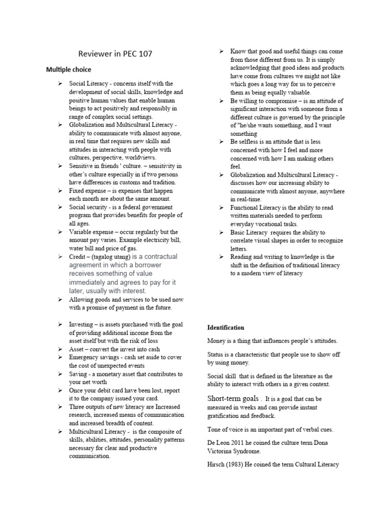 Reviewer in PEC 107 Midterm Exam (Rose) | PDF | Literacy | Money