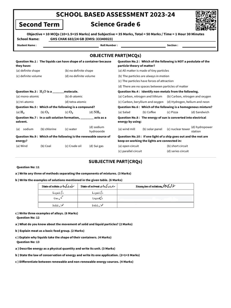 6th Science2 Eng Final Paper MCQs - PEC IBS 2024 | PDF | Liquids ...