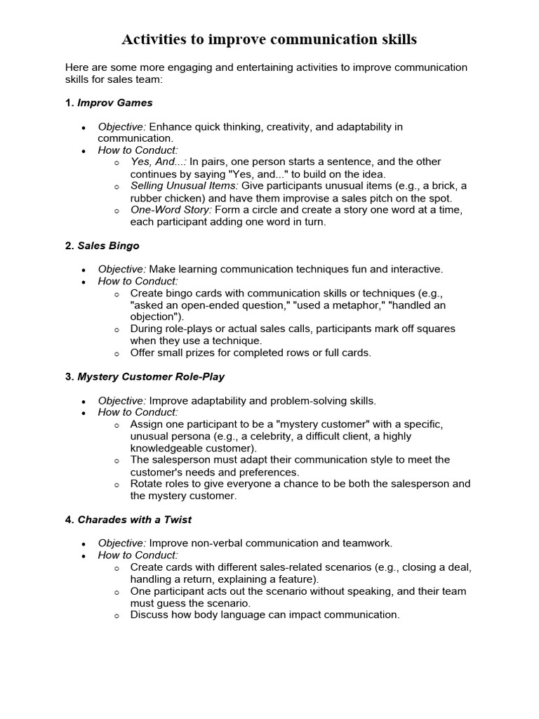 Activities To Improve Communication Skills | PDF | Communication | Sales