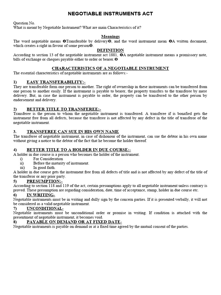Negotiable Instruments (Characteristics) | PDF | Negotiable Instrument ...