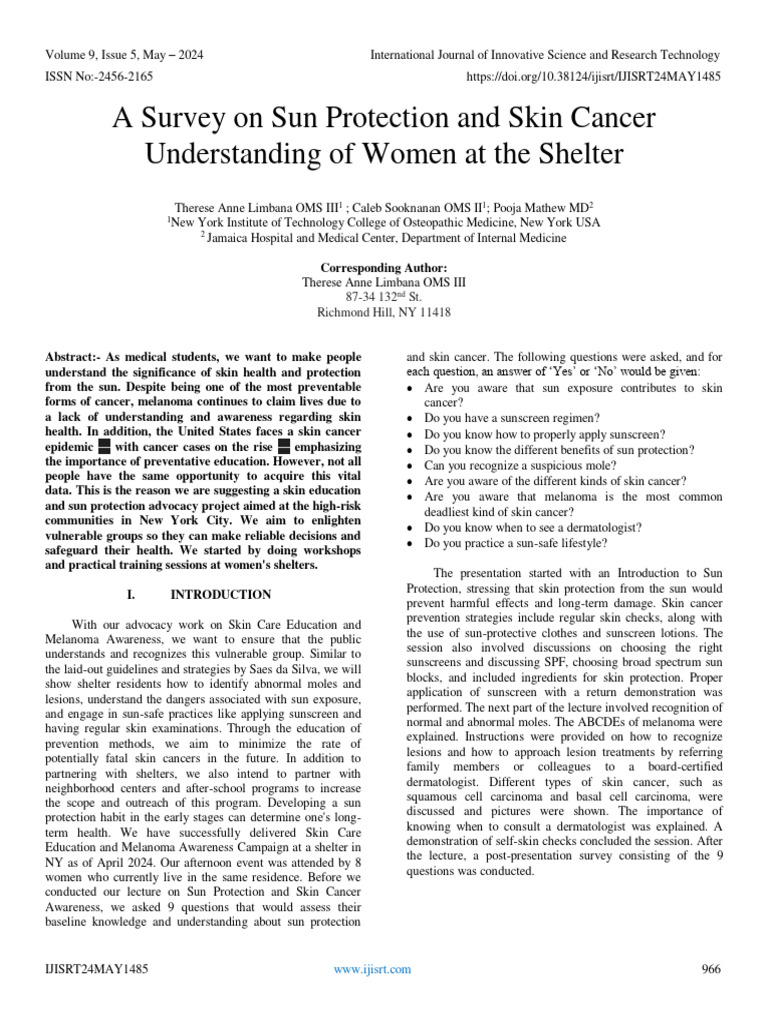 A Survey on Sun Protection and Skin Cancer Understanding of Women at ...