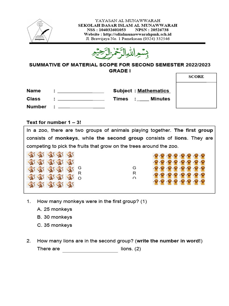 Summative of Material Scope 1 - Grade 1 - 2nd Semester | PDF